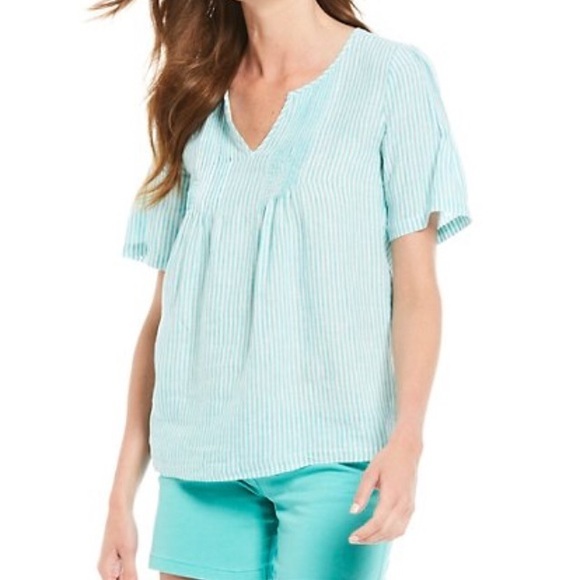 Joules | Tops | Joules Roxie Linen Popover Top Turquoise Stripe Notch ...
